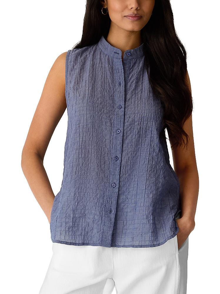 EILEEN FISHER Eileen Fisher Cotton Microstripe Pucker Sleeveless Shirt